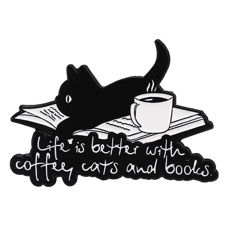 "Coffee, Cats & Books" Pin – Meoweirdo